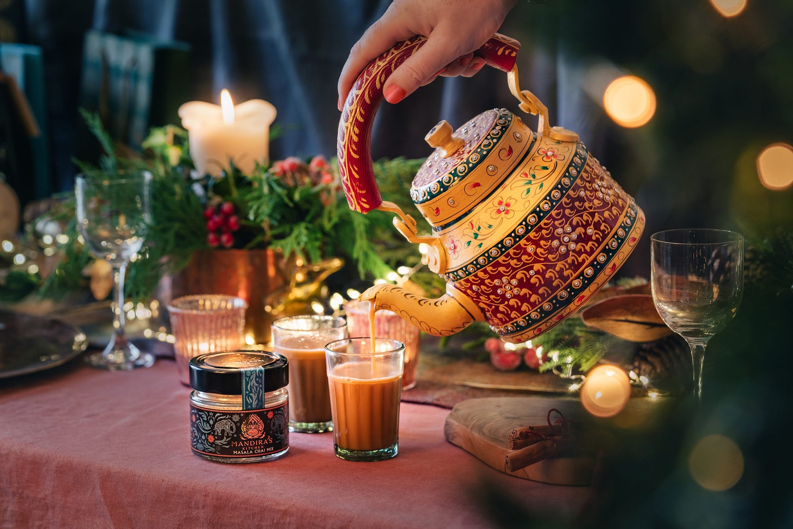 Vintage Style Hand-painted Kettle, Masala Chai Jar and 4 Chai Glasses ...